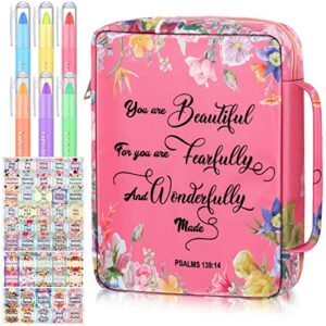 bible cover floral carrying book case with handle and zippered back pocket 10 x 7.5 x 2.5 inch church bag with bookmarks and pens for standard size bible gift for women girl kids (delicate style)