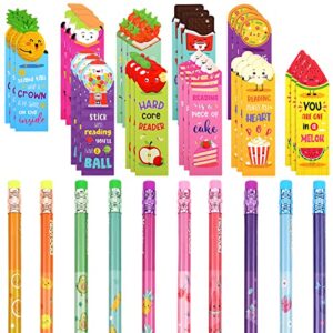 gueevin 60 pcs scented pencils and scented bookmarks for kids bulk set fun pencils cool fruit food theme scratch and sniff bookmarks for students girls boys school classroom reward birthday supplies