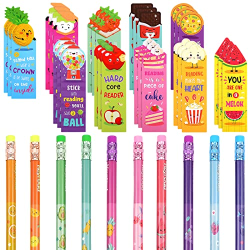 Gueevin 60 Pcs Scented Pencils and Scented Bookmarks for Kids Bulk Set Fun Pencils Cool Fruit Food Theme Scratch and Sniff Bookmarks for Students Girls Boys School Classroom Reward Birthday Supplies