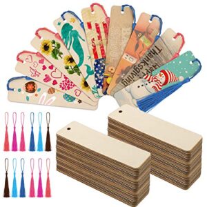 36 pieces wood bookmark bulk blank bookmarks with 36 pieces 6 colors tassels, wooden book markers rectangle thin hanging tag with holes for diy projects, 4.8 x 1.2 inch