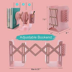 Simplesun Expandable Bookends, Metal Adjustable Book Ends for Heavy Books, Book Shelf Organizer Holder for Desk, Office Home School Kid Student Book Stroage (Pink)