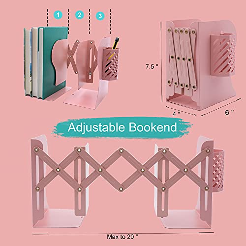 Simplesun Expandable Bookends, Metal Adjustable Book Ends for Heavy Books, Book Shelf Organizer Holder for Desk, Office Home School Kid Student Book Stroage (Pink)