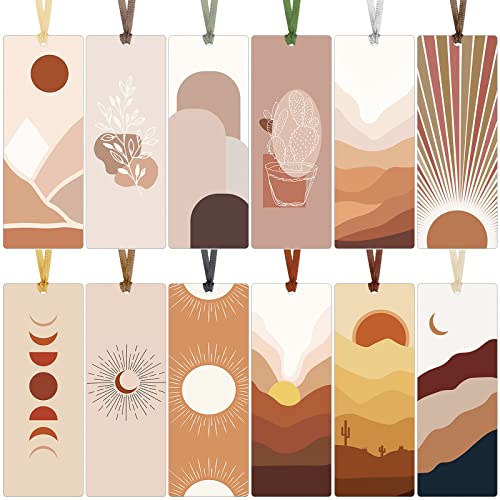 60 Pieces Abstract Boho Bookmarks Minimalist Line Bookmarks Women Minimalist Geometric Sun Double Sided Bookmark Minimalist Landscape Page Markers Book Markers Botanical Plant Bookmarks for Students