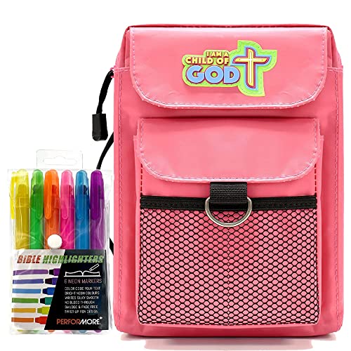 Children's Bible Cover - Pink - Medium; with 6 Assorted Gel Highlighter Pens in Snap PVC Wallet