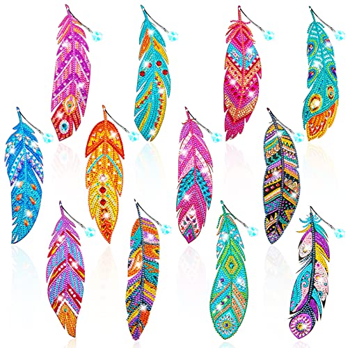 12 Pcs 5D Diamond Painting Bookmarks Crystal Feather Bookmark Acrylic Diamond Art Bookmarks Pendant Diamond Drawing Bookmarks Rhinestone Bookmarks for Adults Kids Home Office School Gift Supplies