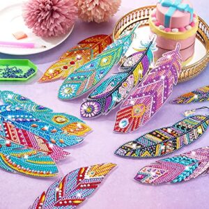 12 Pcs 5D Diamond Painting Bookmarks Crystal Feather Bookmark Acrylic Diamond Art Bookmarks Pendant Diamond Drawing Bookmarks Rhinestone Bookmarks for Adults Kids Home Office School Gift Supplies