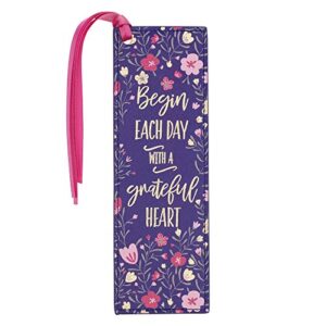 with love pink/blue faux leather bookmark for women, begin each day with a grateful heart floral debossed design w/gold accents/ribbon tassel, inspirational encouraging book accessory for booklovers