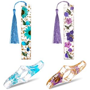 kavoc 4 pieces flower acrylic bookmarks book page holder floral bookmarks with colorful tassels thumb ring page holder transparent page holders for reading students teachers (blue/purple)