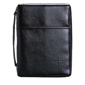 soft black embossed cross with front pocket leather look bible cover with handle, x-large