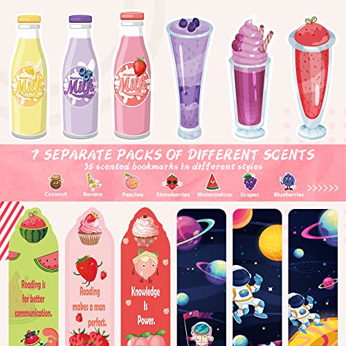 HORIECHALY Scratch and Sniff Bookmarks,35 PCS Scented Bookmarks,Fruit Theme,7 Fruit Scents,Cute Page Markers for Teachers, Students, Kids &Teen, Book Lovers, Printing on 2 Sides,35 Different Styles.