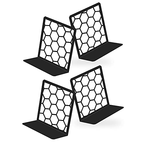 GEOMOD Premium Geometric Black Honeycomb Bookends for Shelves, Metal Book Ends Office, L-Shaped Stopper, Rustproof Decorative Unique Home, 6.25 (L) x 6 (W) inches, 2 Pairs - Geomod, (Pair of 2)