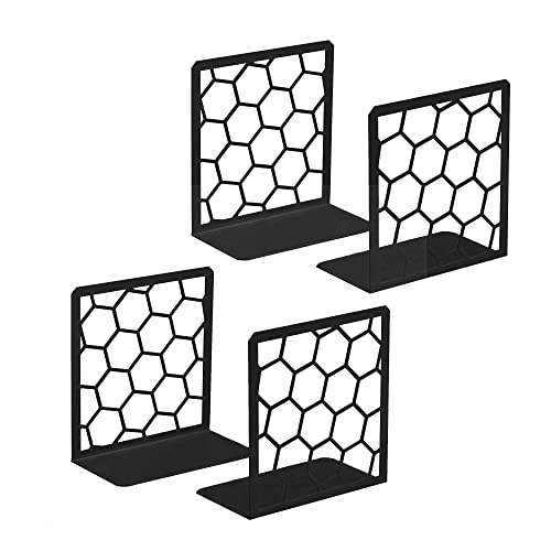 GEOMOD Premium Geometric Black Honeycomb Bookends for Shelves, Metal Book Ends Office, L-Shaped Stopper, Rustproof Decorative Unique Home, 6.25 (L) x 6 (W) inches, 2 Pairs - Geomod, (Pair of 2)