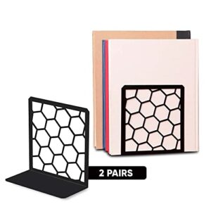 GEOMOD Premium Geometric Black Honeycomb Bookends for Shelves, Metal Book Ends Office, L-Shaped Stopper, Rustproof Decorative Unique Home, 6.25 (L) x 6 (W) inches, 2 Pairs - Geomod, (Pair of 2)