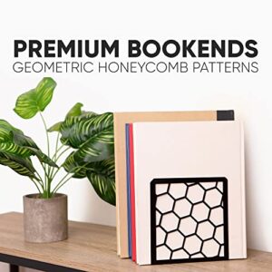 GEOMOD Premium Geometric Black Honeycomb Bookends for Shelves, Metal Book Ends Office, L-Shaped Stopper, Rustproof Decorative Unique Home, 6.25 (L) x 6 (W) inches, 2 Pairs - Geomod, (Pair of 2)