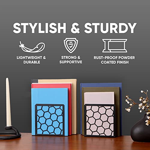 GEOMOD Premium Geometric Black Honeycomb Bookends for Shelves, Metal Book Ends Office, L-Shaped Stopper, Rustproof Decorative Unique Home, 6.25 (L) x 6 (W) inches, 2 Pairs - Geomod, (Pair of 2)