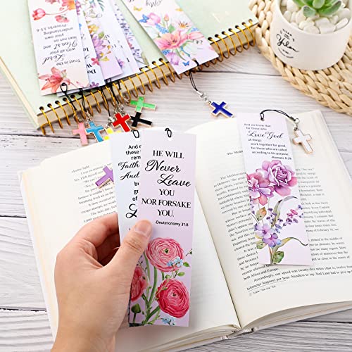 30 Pieces Christian Bookmarks for Mother Bible Verses Inspirational Scripture Bookmark Motivational Positive Flower Marker Encouraging with Cross Pendant for Church Religious Present, 2 x 7 Inch