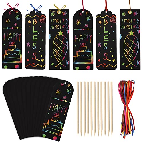 gsnma 72 Pieces 3 Style Scratch Bookmarks Paper Magic Scratch Rainbow Bookmarks DIY Bookmark Crafts with 72 Pieces Colorful Ropes for Christmas and Birthday Party Favor,Classroom Activities