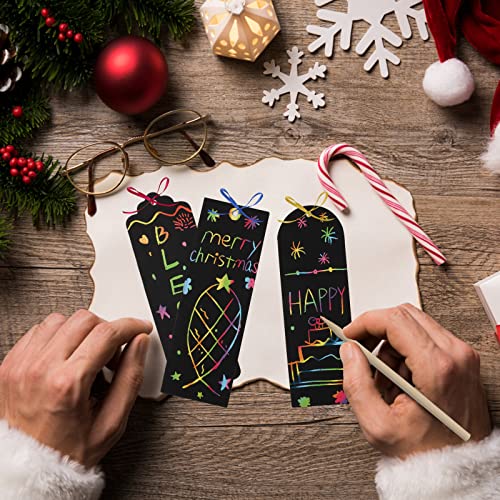 gsnma 72 Pieces 3 Style Scratch Bookmarks Paper Magic Scratch Rainbow Bookmarks DIY Bookmark Crafts with 72 Pieces Colorful Ropes for Christmas and Birthday Party Favor,Classroom Activities