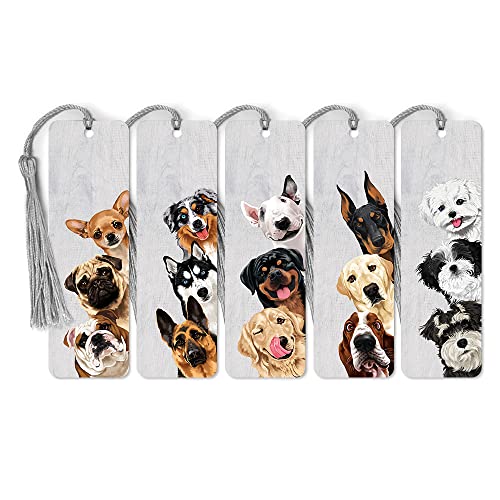 WIRESTER Set of 5 Paper Bookmarks with Tassel for Students, Reader, Teachers, Book Lovers - Cute Dog Breeds (Bulldog, Puppy Dog, Chihuahua, German Shepherd, Siberian Husky, Retriever, Basset Hound)