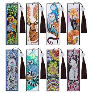 8 pack animal diamond painting bookmark gift collection，5d diamond painting kit cartoon animal special crystal diamond painting bookmark diy leather art tassel bookmark