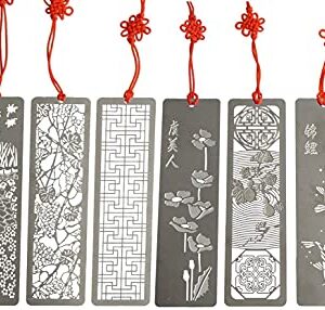 Metal Bookmarks 8 Pcs Hollow Art Stainless Steel Book Mark with Red Enless Knot, Bookmarks Gift for Men Women Book Lovers, Unique Book Marks Accessories