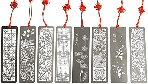 Metal Bookmarks 8 Pcs Hollow Art Stainless Steel Book Mark with Red Enless Knot, Bookmarks Gift for Men Women Book Lovers, Unique Book Marks Accessories