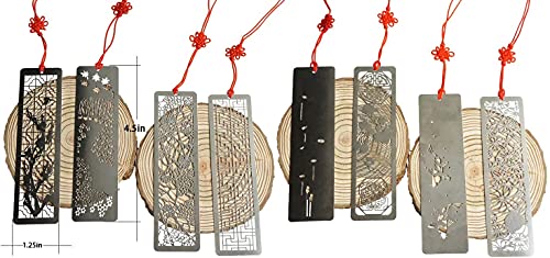 Metal Bookmarks 8 Pcs Hollow Art Stainless Steel Book Mark with Red Enless Knot, Bookmarks Gift for Men Women Book Lovers, Unique Book Marks Accessories