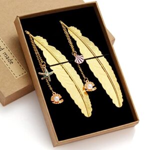 2 pcs metal feather bookmarks with unique pendants by soykay (gold seashell & starfish)