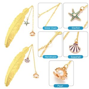 2 PCS Metal Feather Bookmarks with Unique Pendants by Soykay (Gold Seashell & Starfish)