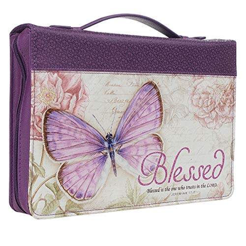 Purple Botanic Butterfly Blessings Fashion Bible Cover Blessed Jeremiah 17:7 Bible Case Book Cover, Large [Imitation Leather] Christian Art Gifts