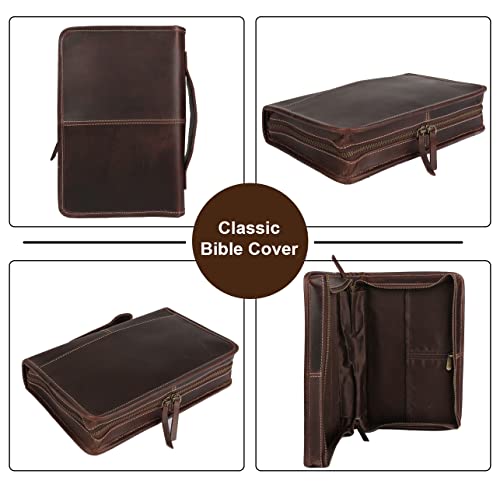 Leather Bible Cover Book Cover Planner Cover with Handle and Back Pocket Size 10.8x6.8x2 inches (Buffalo Leather)