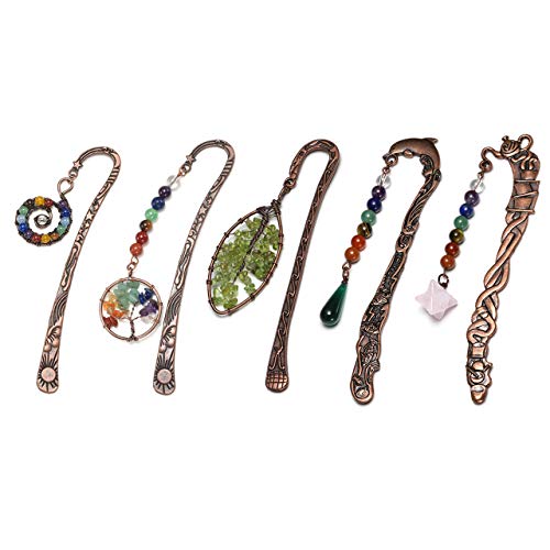 Jovivi 5pcs Antique Copper Metal Bookmark Beading Bookmarks with Handmade 7 Chakra Healing Crystals Tree of Life Tumbled Gemstones Assorted Beads