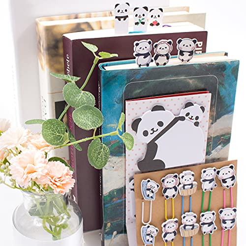 pandaonly 30Pcs Panda Paperclip Bookmarks, 3 Set Cute Panda Bookmark Clips with 1 Sheet Panda Sticky Notes-Funny Paperclips Bookmarks Planner Clips for Office Supplies Coworkers Teachers' Day Gifts