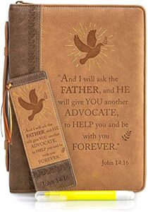 obie blue faux leather bible cover- bundle w/bookmark and gel highlighter. john 14:16, for men and woman (large)