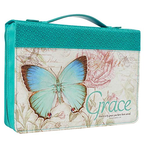 Christian Art Gifts Women's Fashion Bible Cover Grace Butterfly Ephesians 2:8, Turquoise Floral Faux Leather, Medium