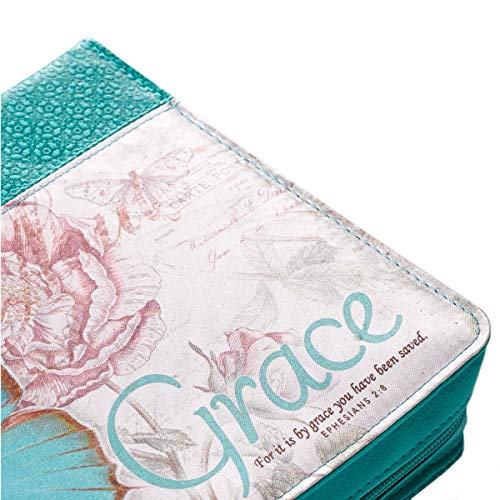 Christian Art Gifts Women's Fashion Bible Cover Grace Butterfly Ephesians 2:8, Turquoise Floral Faux Leather, Medium