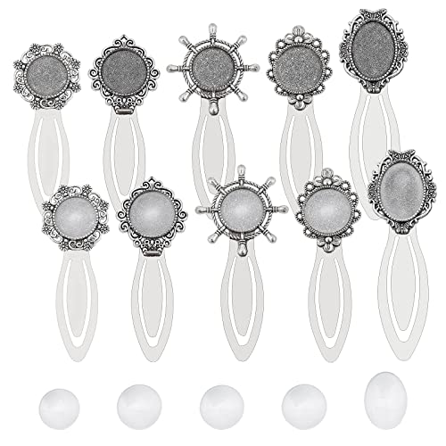 NBEADS 20 Pcs 10 Sets Bookmark Makings Sets, 10 PCS Tibetan Style Bookmark Cabochon Trays and 10 PCS Transparent Glass Dome Cabochons for DIY Bookmark Making, Antique Silver