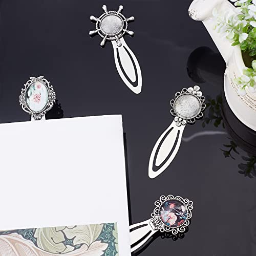 NBEADS 20 Pcs 10 Sets Bookmark Makings Sets, 10 PCS Tibetan Style Bookmark Cabochon Trays and 10 PCS Transparent Glass Dome Cabochons for DIY Bookmark Making, Antique Silver