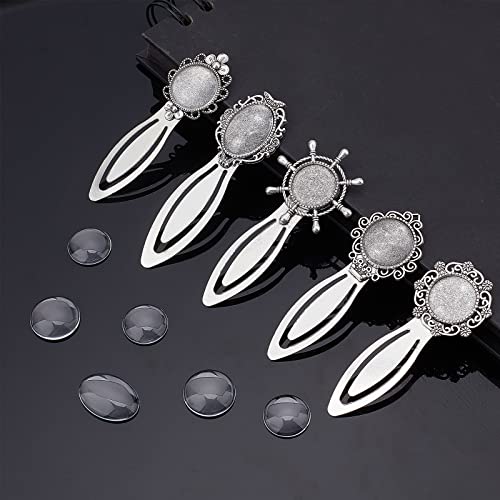 NBEADS 20 Pcs 10 Sets Bookmark Makings Sets, 10 PCS Tibetan Style Bookmark Cabochon Trays and 10 PCS Transparent Glass Dome Cabochons for DIY Bookmark Making, Antique Silver