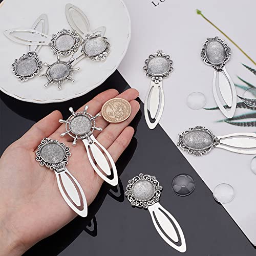 NBEADS 20 Pcs 10 Sets Bookmark Makings Sets, 10 PCS Tibetan Style Bookmark Cabochon Trays and 10 PCS Transparent Glass Dome Cabochons for DIY Bookmark Making, Antique Silver