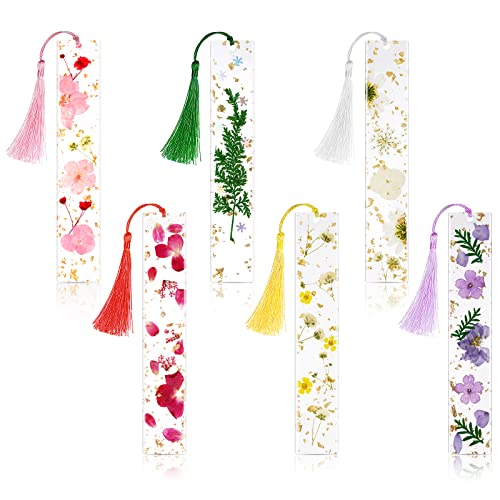 Leezmark 6 Pcs Pressed Flower Bookmark, Handmade Dried Flower Resin Bookmark, Aesthetic Bookmark Pretty Book Markers with Tassels, Reading Gifts for Book Lovers, Cute Bookmarks for Girls Women