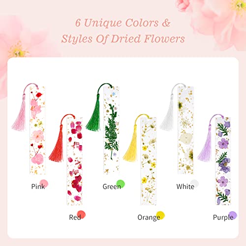 Leezmark 6 Pcs Pressed Flower Bookmark, Handmade Dried Flower Resin Bookmark, Aesthetic Bookmark Pretty Book Markers with Tassels, Reading Gifts for Book Lovers, Cute Bookmarks for Girls Women