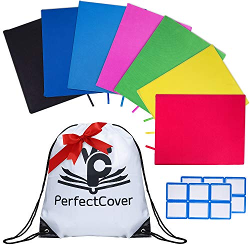 7 Pack Stretchable Book Covers - Multiple Colors Durable, Washable, Reusable and Protective Jackets for Hard Cover Schoolbooks and Textbooks - by PerfectCover (7-Pack, Colors)