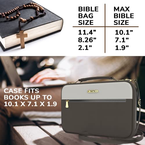 Bible Covers for Women Large Size - Bible Case Bag Fits Books Up to 7 x 10.1 x 1.9 in - | Pen Slots | Zippered Pocket | Shoulder Strap | Church Bag - Grey PU Leather Christian Gift for Girls