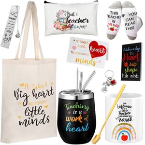 hotop 11 pcs teacher appreciation gift basket for women includes christmas tote bag cosmetic bag, wine tumbler, bookmark, ceramic pen holder, apple keychain, notebook, socks and cards from students