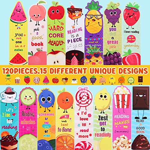 craftshou 120 Pcs Fruit Scented Bookmarks for Kids Scratch and Sniff Bookmark Fun Bookmarks 15 Styles Fruit Snack Pattern Bookmarks for Girls Boys Supplies