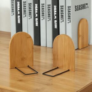 2 Pcs Natural Bamboo Bookend Large Capacity Office Book Ends Anti Slip Book Stand Holder Bookshelf Ends for Home Office Library School Study Decoration