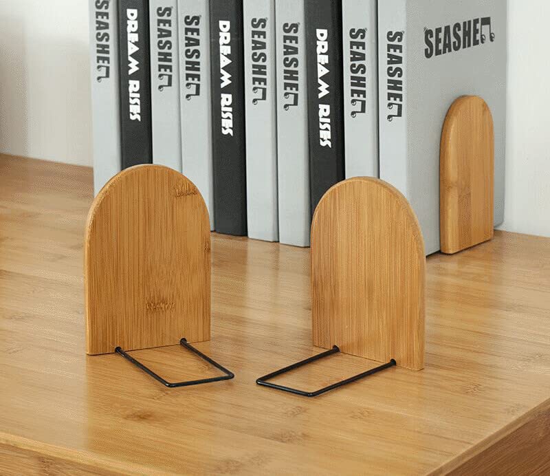 2 Pcs Natural Bamboo Bookend Large Capacity Office Book Ends Anti Slip Book Stand Holder Bookshelf Ends for Home Office Library School Study Decoration