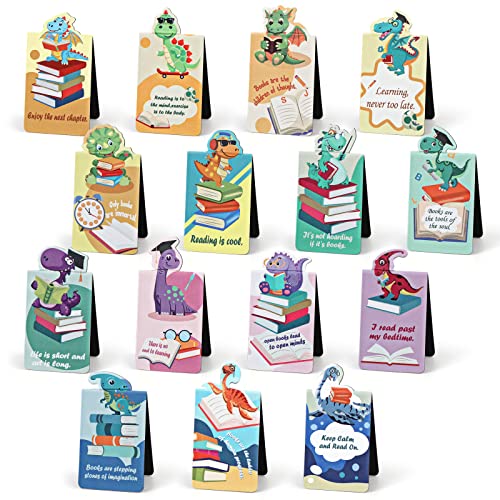 MWOOT 30Pcs Dinosaur Magnetic Bookmarks for Kids, Cute Magnet Page Markers Kit for Book Lover, Creative Magnetic Page Clips Bookmark Supplies for Students School Reading Lovers(15 Styles,4.5x3CM)