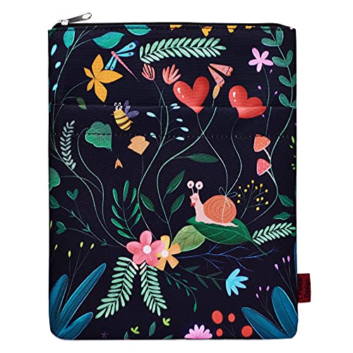 Book Sleeve Cute Snail Black Floral Book Protector Book Sleeves with Zipper, Medium 11 Inch X 8.7 Inch Book Lover Gifts